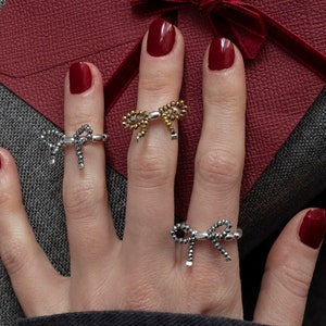 Handmade Bow Ring, Sterling Silver 925 Beaded Stretch Ring, Sparkly ...