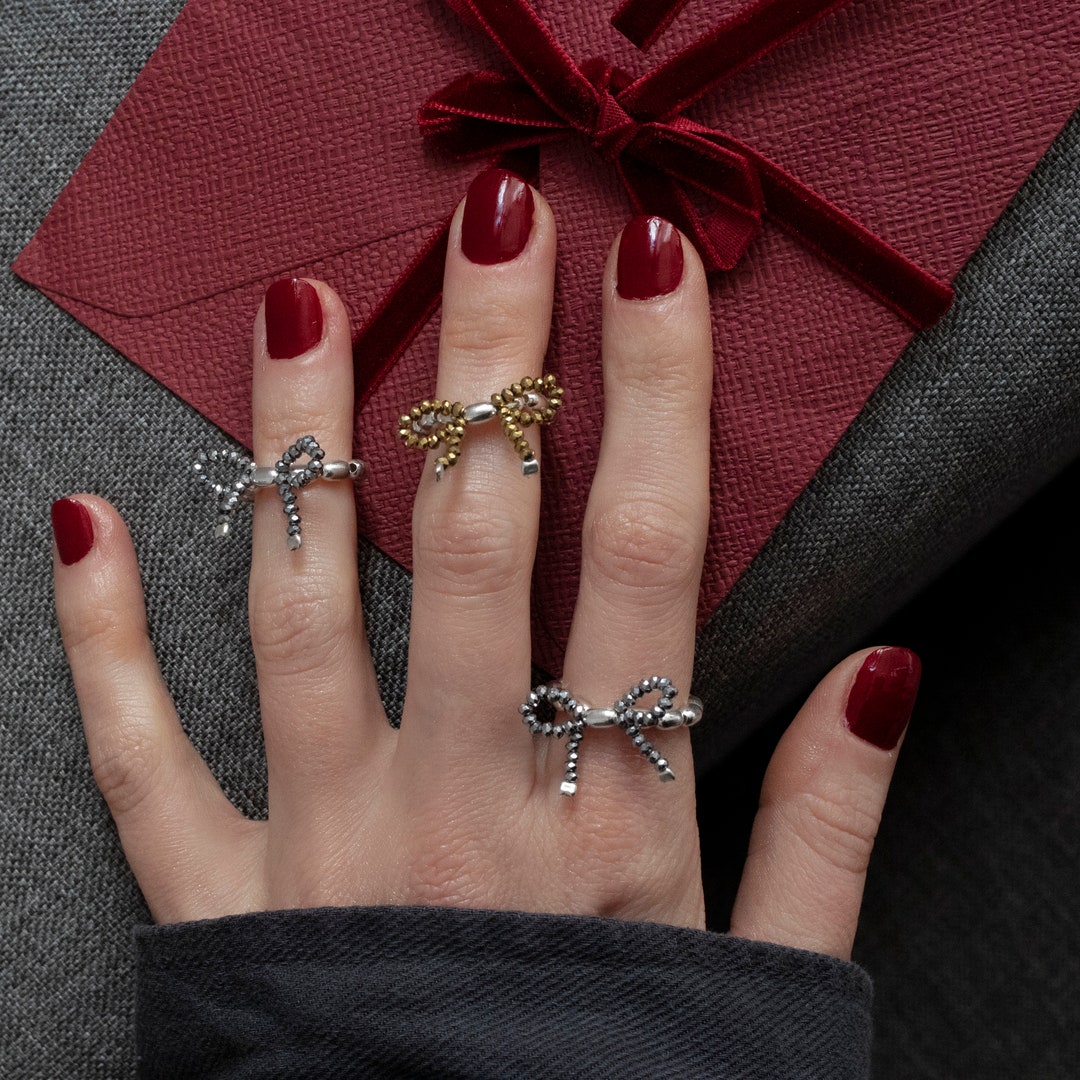 Handmade Bow Ring, Sterling Silver 925 Beaded Stretch Ring, Sparkly ...