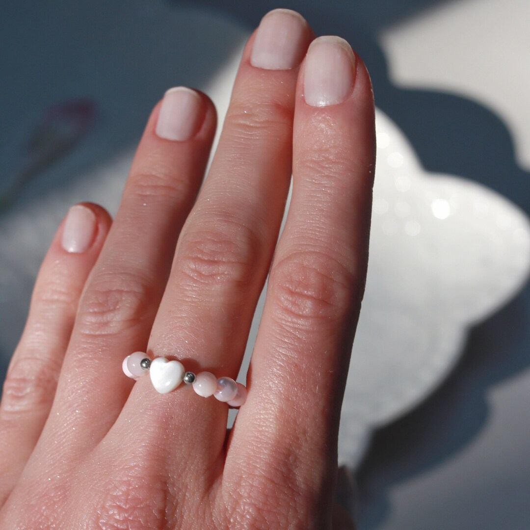 Light Pink Mother-of-pearl Heart Ring, Natural Stones Ring, Strechy ...