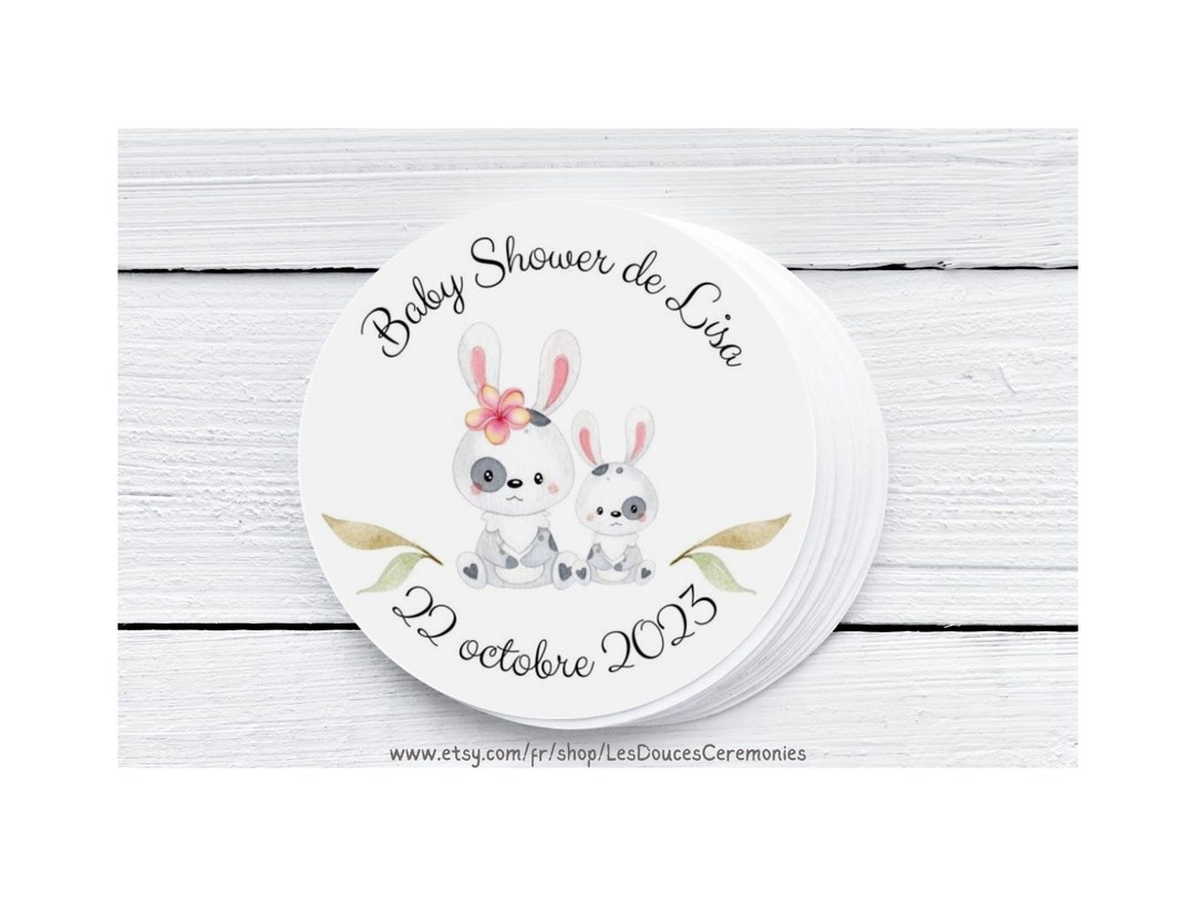 10 Personalized Round Baby Shower Labels, Mom and Baby Rabbit Labels ...