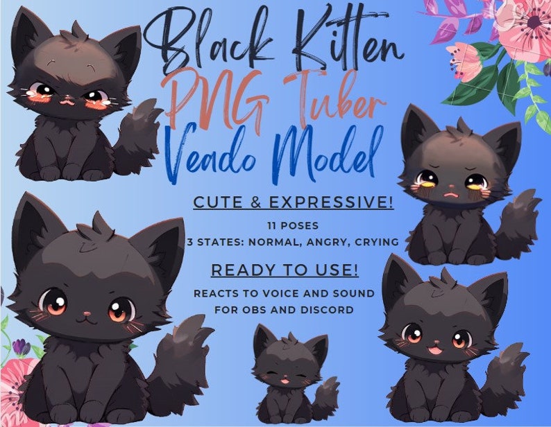Cartoon Black Kitten Pngtuber Cute Gaming Vtuber Avatar for Streaming ...