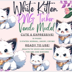 Cartoon White Kitten Pngtuber Cute Gaming Vtuber Avatar for Streaming Premade PNG Tuber Kitty ...