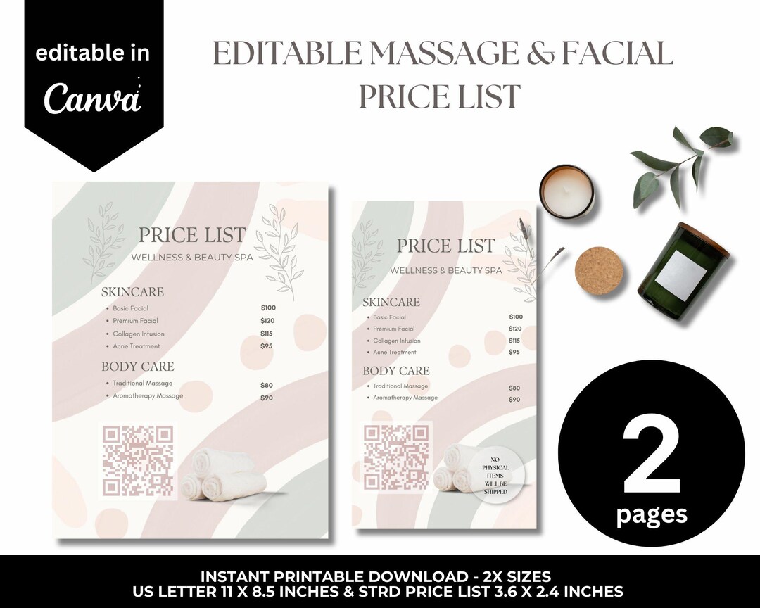 Editable Customisable Massage Therapy & Facial Price List and Check Out ...