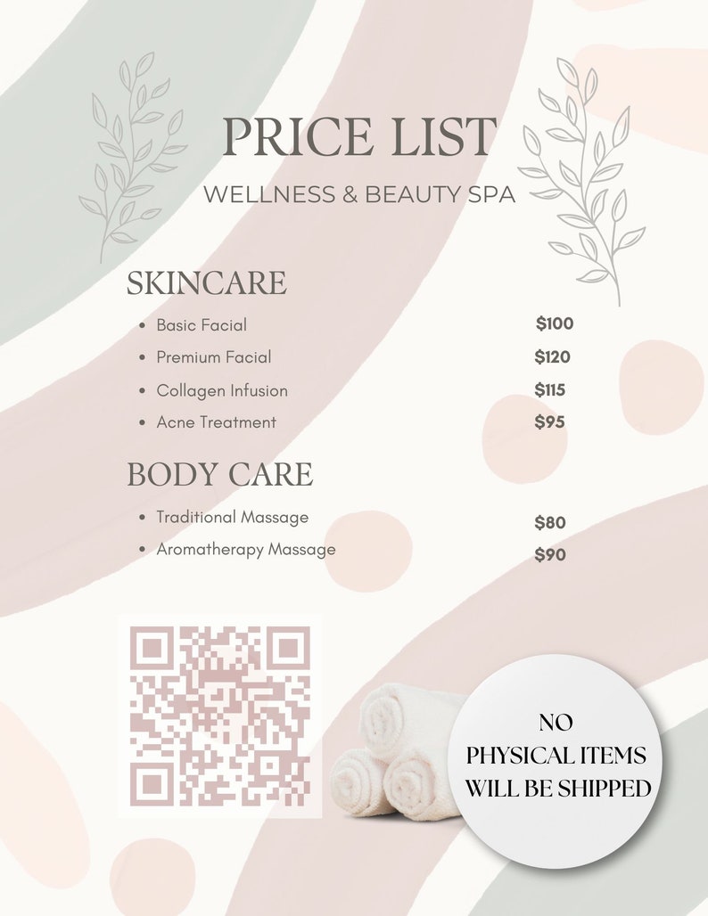 Editable Customisable Massage Therapy & Facial Price List and Check Out ...