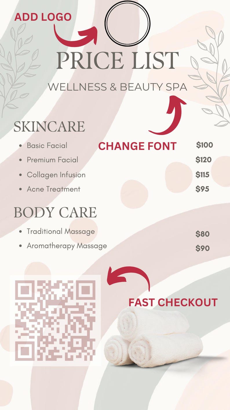 Editable Customisable Massage Therapy & Facial Price List and Check Out ...