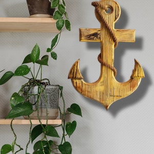 Nautical Wooden Beige Anchor With Rope, Wall Hanging Decor, Vintage ...