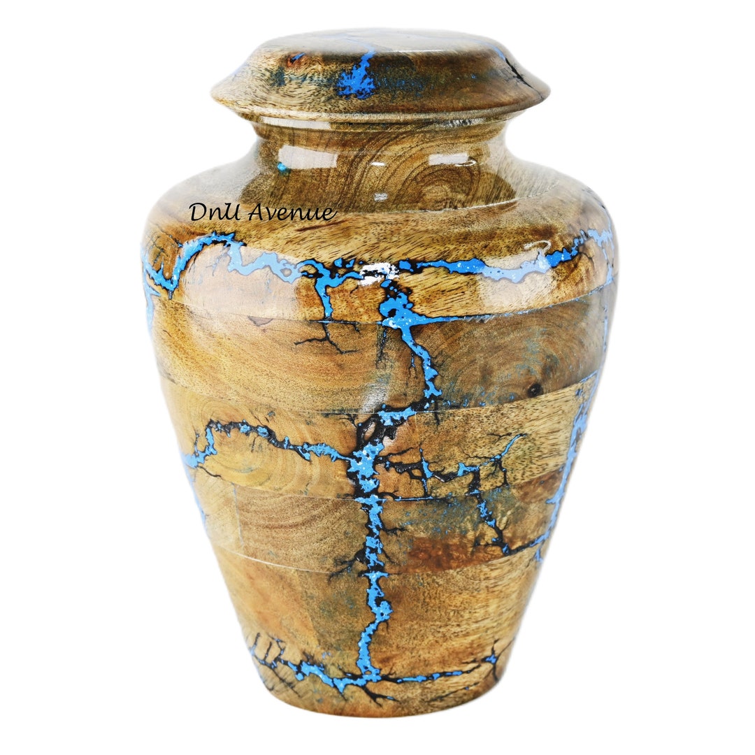 Fractural Burn Blue Resin Wooden Cremation Urn for Human Ashes Large ...
