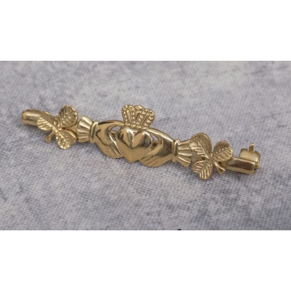 Irish Claddagh 9K Gold Pin Brooch Tie Bar Vintage - Gem