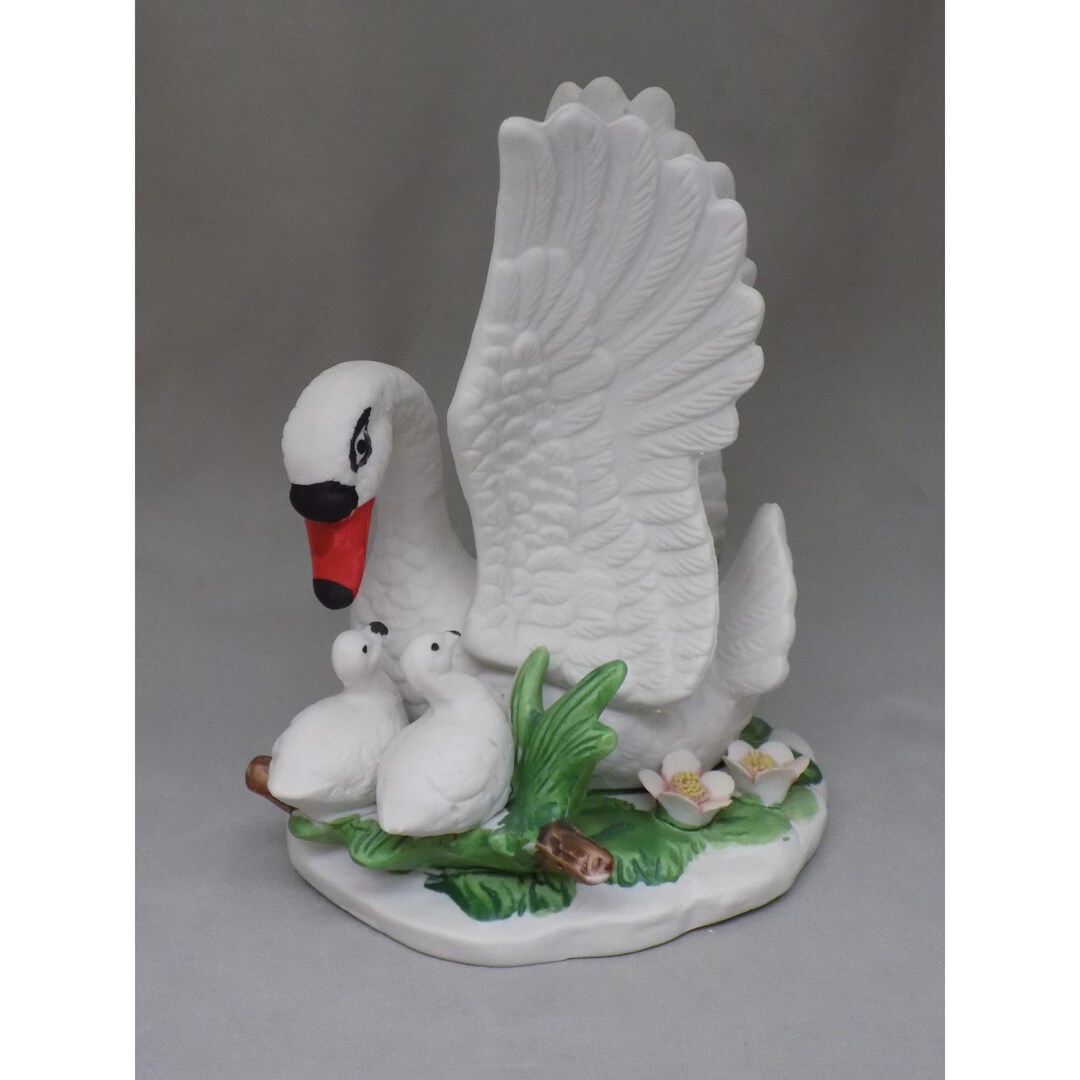 Swan and Her Cygnets Bisque Porcelain Bird Figurine by Artmark - Etsy