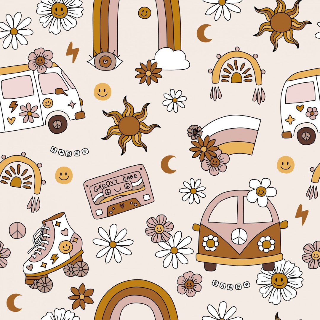 Fabric Cotton Patchwork Retro Bus 70s Rainbow Flowers Vintage - Etsy