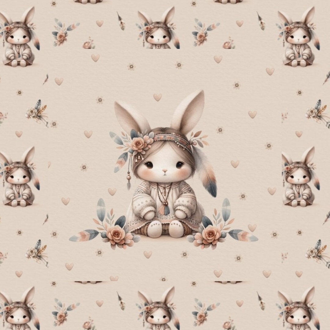 Stoff Panele Sweat French Terry Sommersweat Boho Hase Herzen Federn Blüten 2 Größen + wahlweise ...