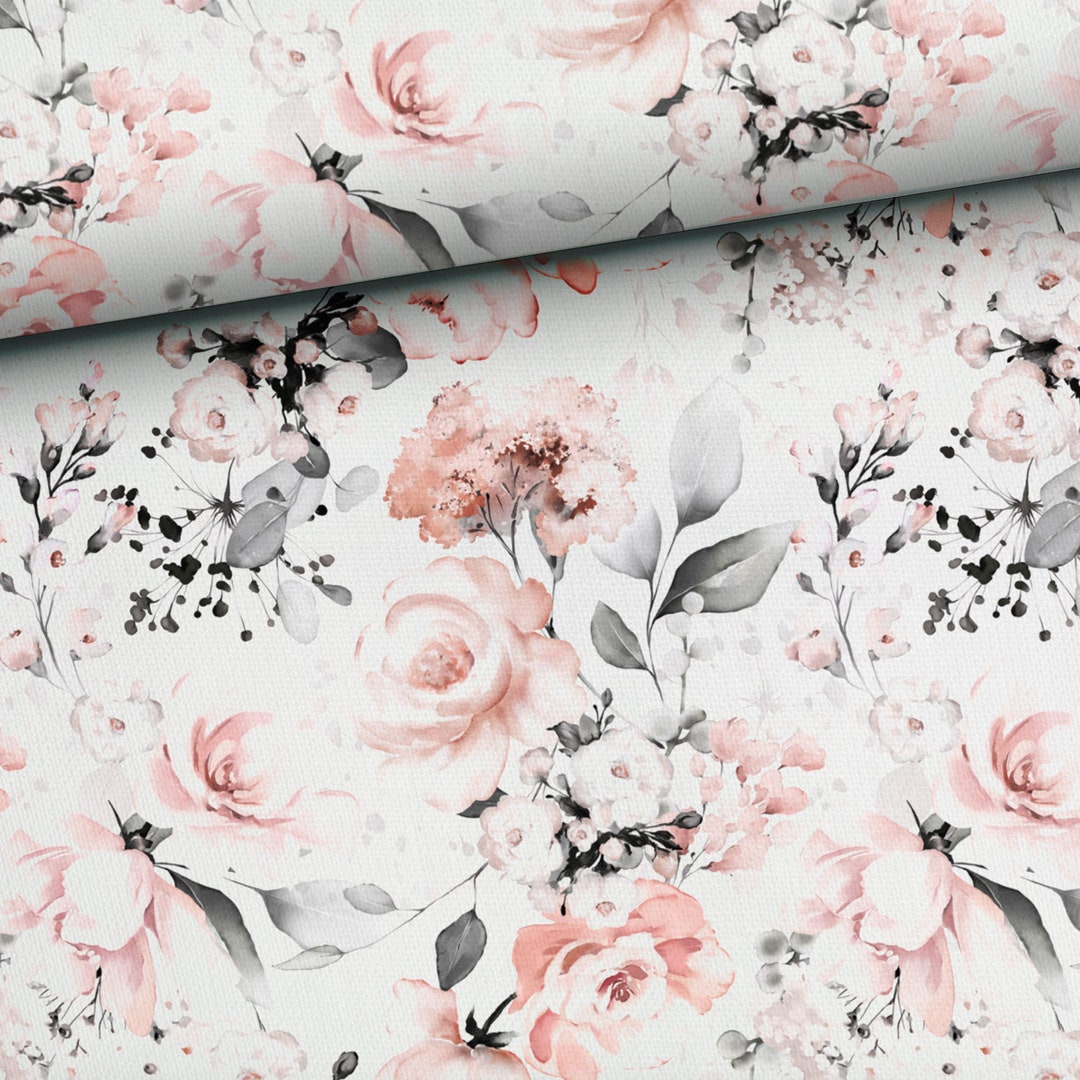 Stoff Jersey Baumwolljersey Floral Blumenmuster Rosen Blüten Eukalyptus ...
