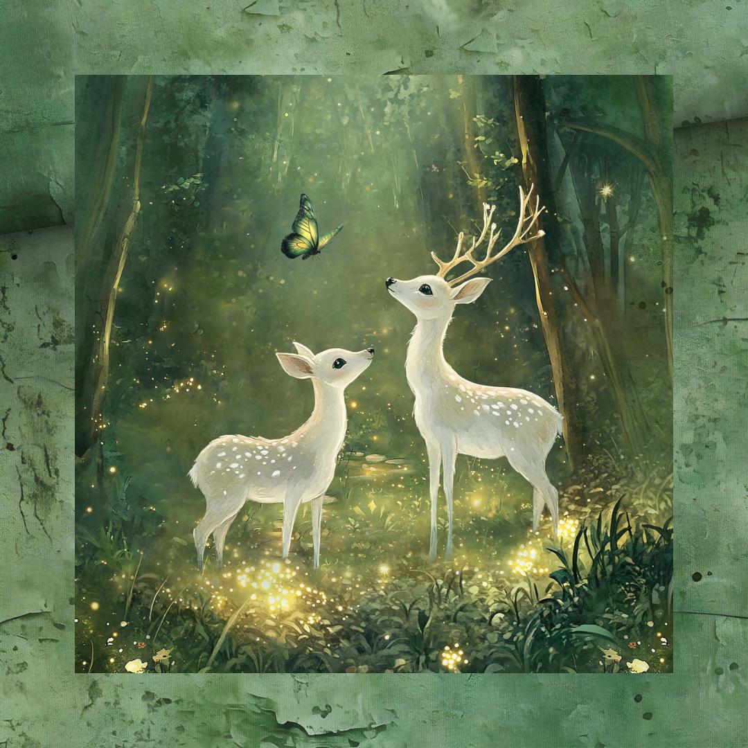 Summer Sweat French Terry Panel Forest Animals Fawn Deer and Butterfly ...