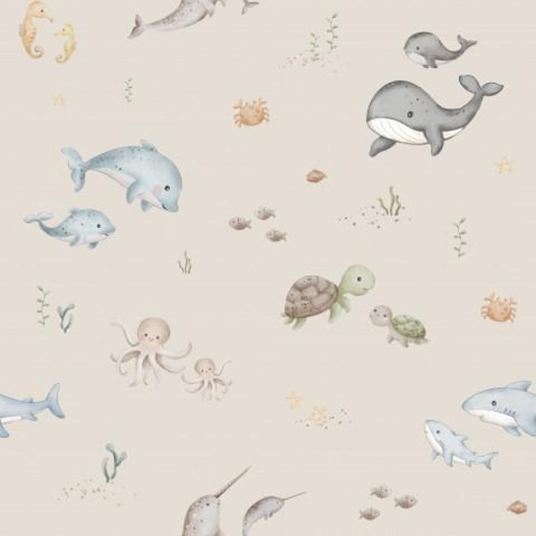 Fabric Jersey Cotton Jersey Maritime Sea Creatures Whales Shells ...