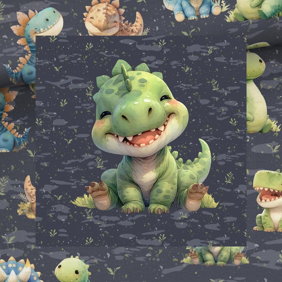 Summer Sweat French Terry Panel 40x 50 Cute Baby Dino Dinosaur Green ...