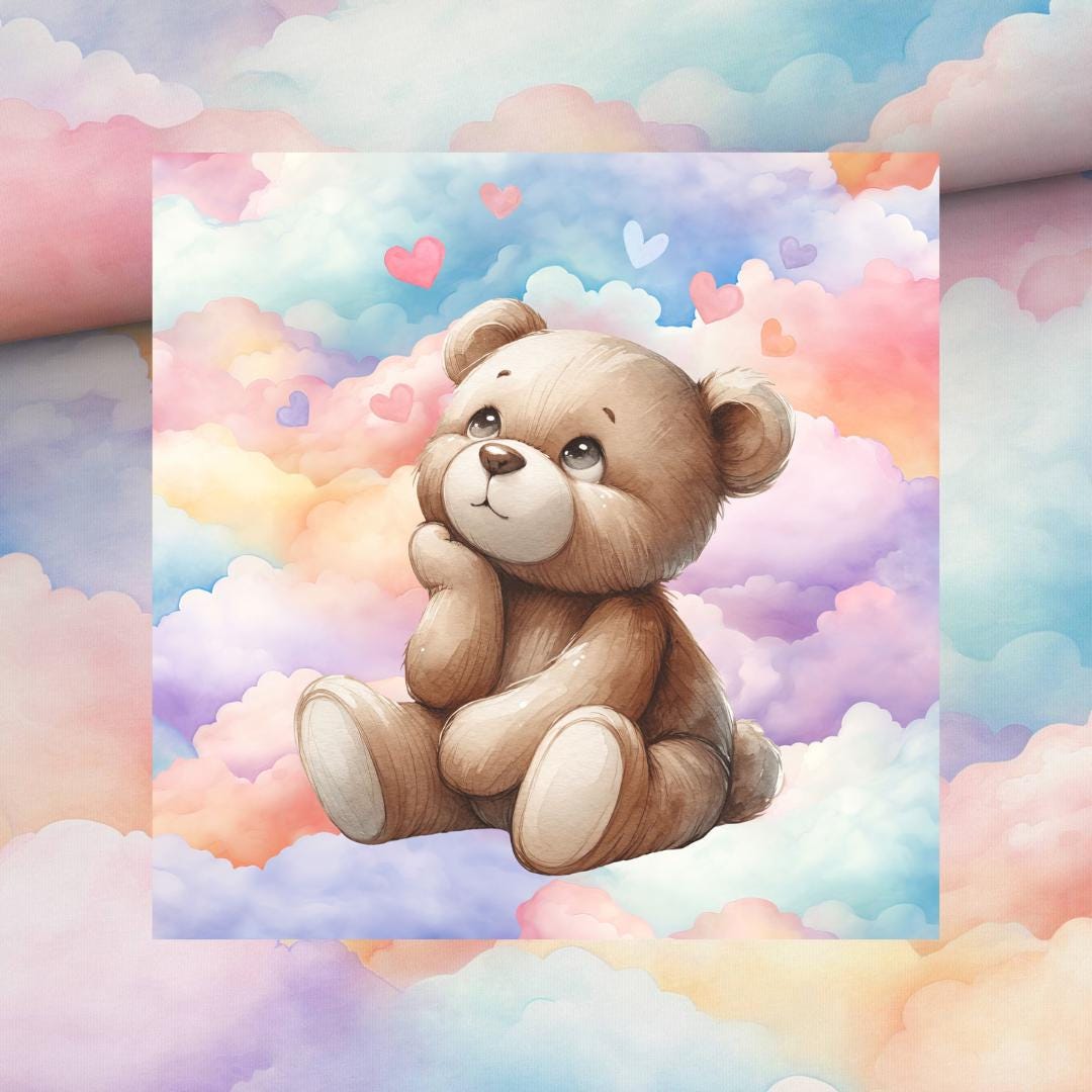 Summer Sweat French Terry Panel Teddy Bear Clouds Rainbow Batik 40x50 ...