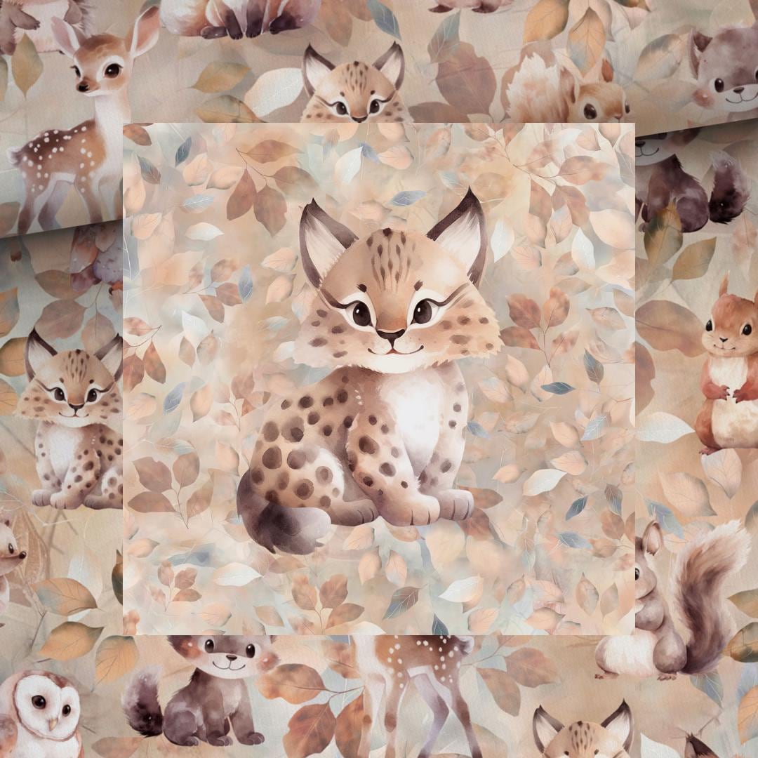 French Terry Sweat Fabric + Panel Forest Animals Lynx Leaves ...