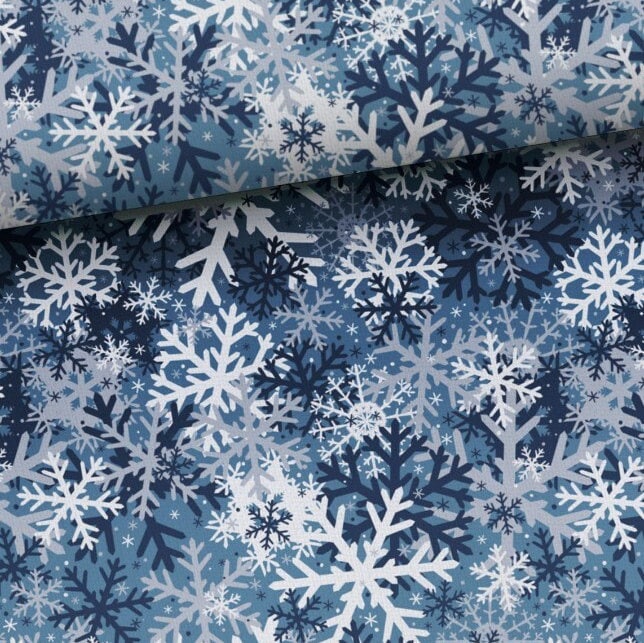 Stoff Sweat French Terry Sommersweat Winter Weihnachten Schneeflocken Sterne Weiß Blau 165 cm ...