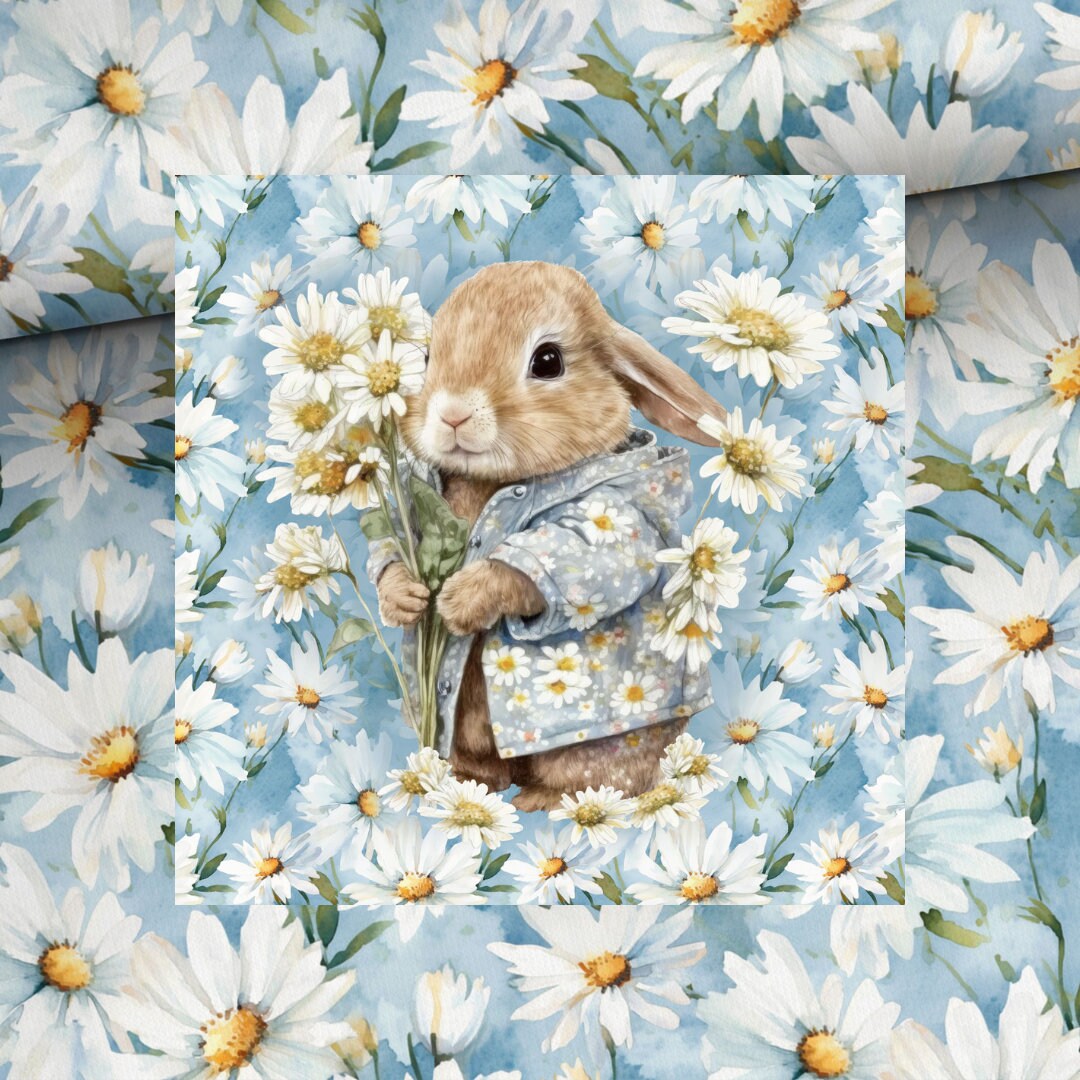 Sweat Fabric French Terry Panel Cute Bunny Floral With Flowers ...