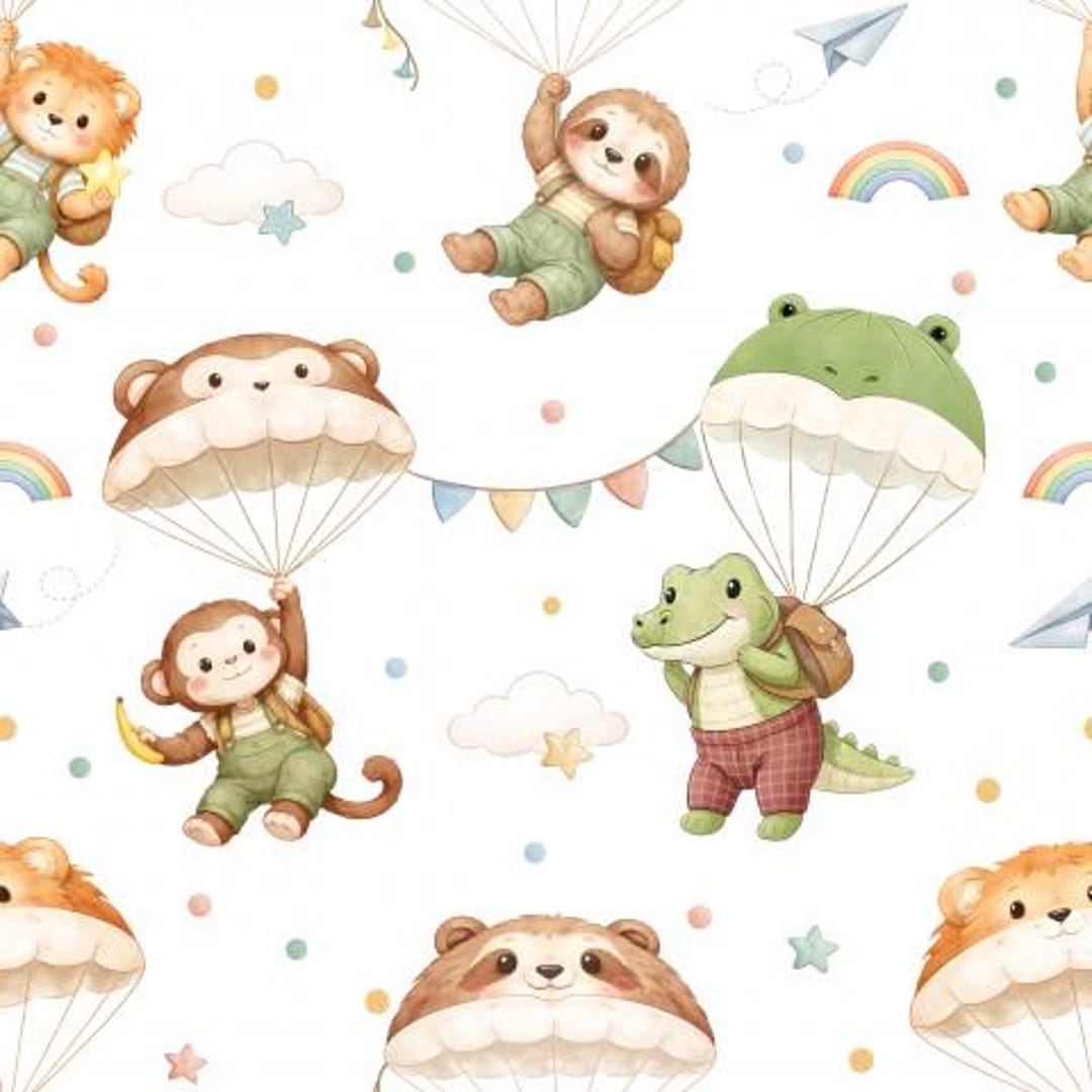 Parachute Safari Exotic Animals Monkey Sloth Crocodile Lion on White ...
