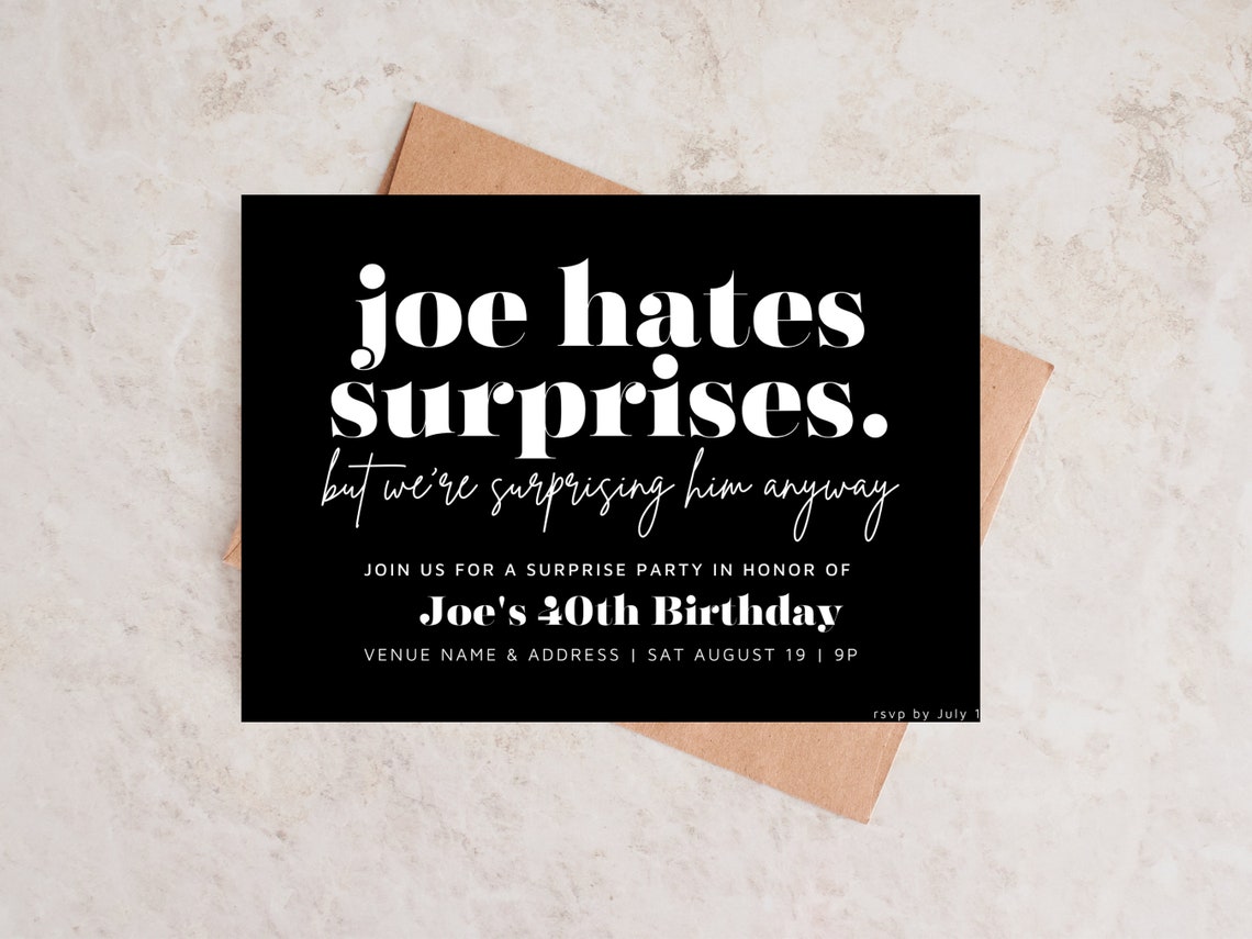 Editable Surprise Party Invitation Funny Hates Surprises Party Invite