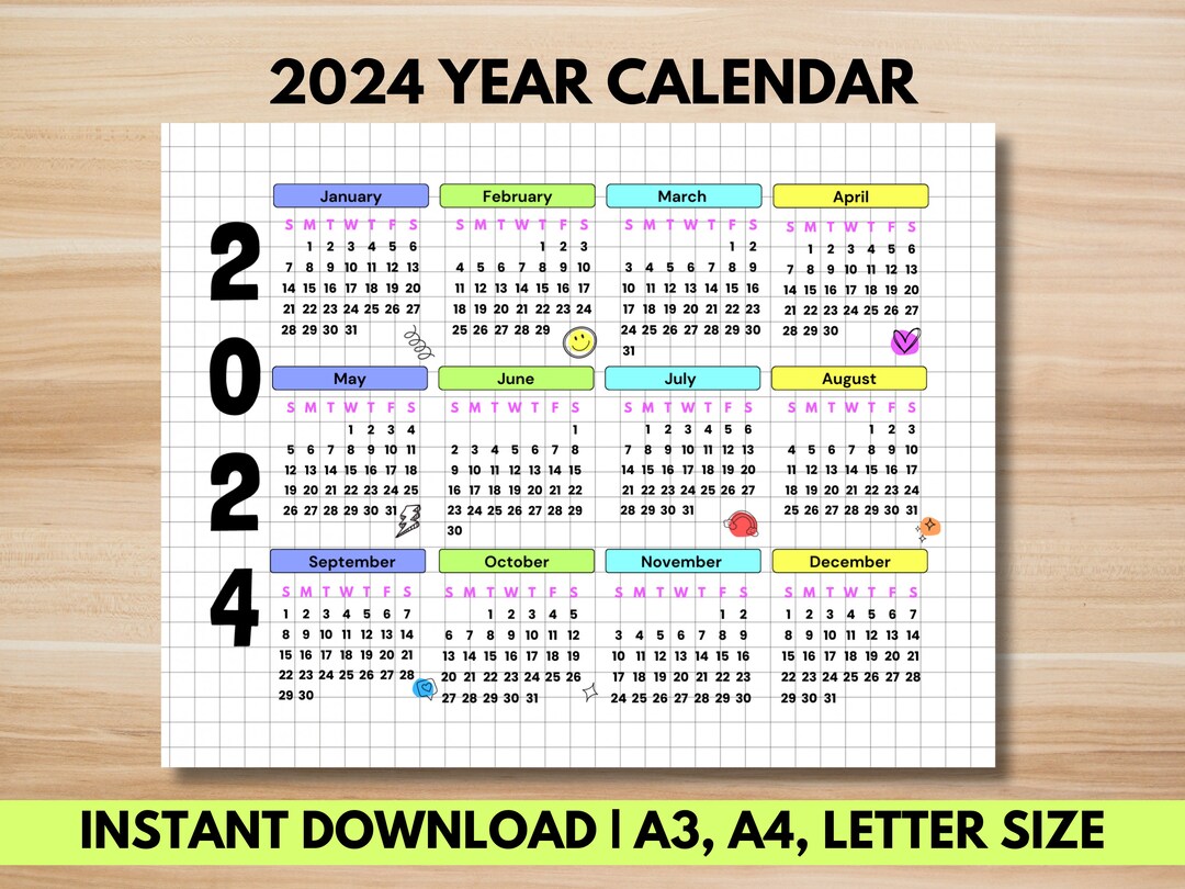 2024 Doodle Theme Year Calendar Printable * Year at a Glance* Digital ...