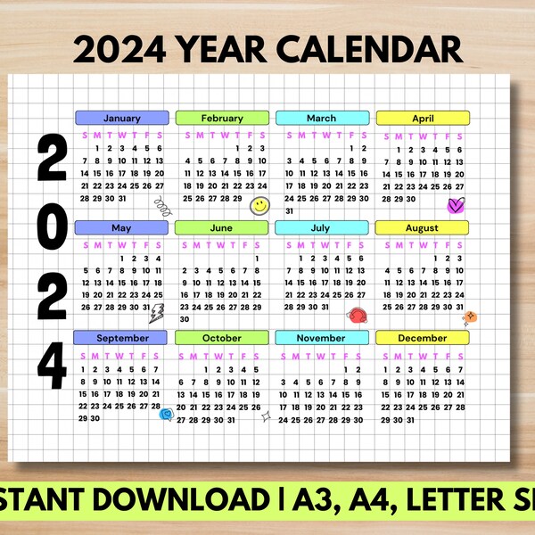 2024 Doodle Theme Year Calendar Printable Year at a Glance Digital ...
