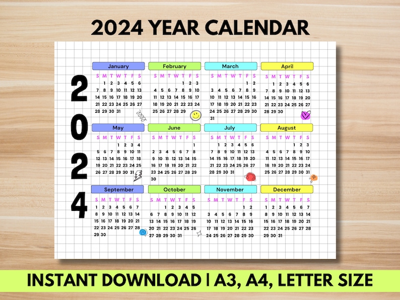 2024 Doodle Theme Year Calendar Printable * Year at a Glance* Digital ...