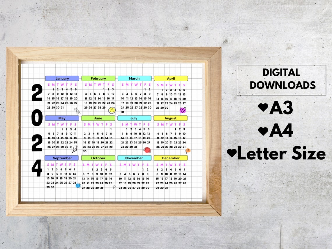 2024 Doodle Theme Year Calendar Printable * Year at a Glance* Digital ...