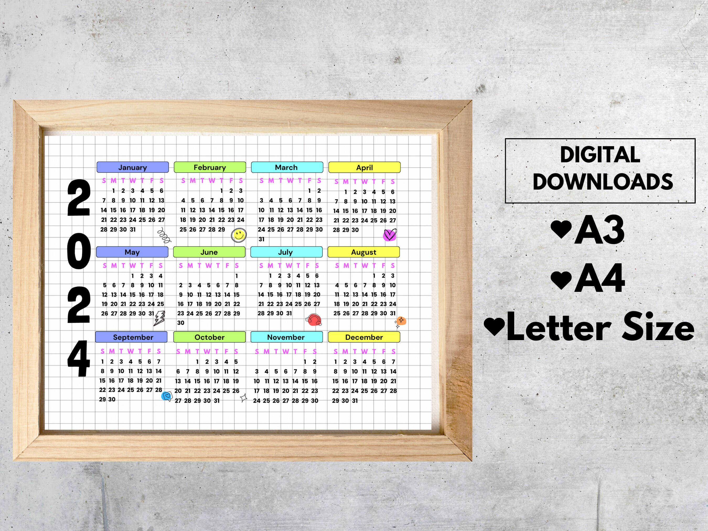 2024 Doodle Theme Year Calendar Printable * Year at a Glance* Digital ...