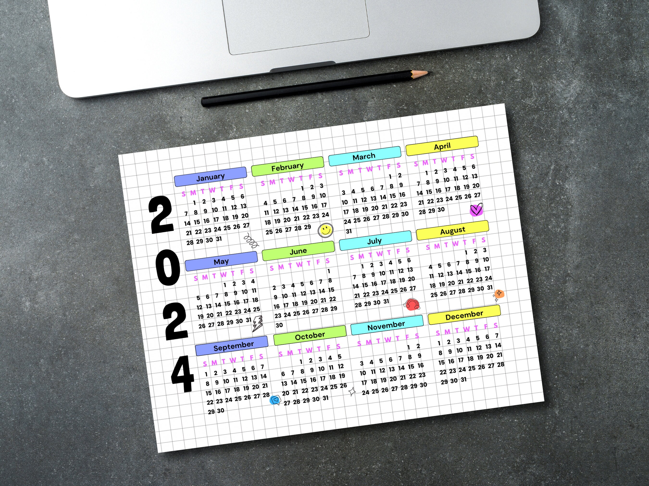 2024 Doodle Theme Year Calendar Printable * Year at a Glance* Digital ...