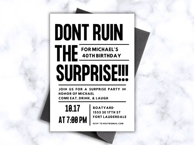 EDITABLE Surprise Party Invitation, Funny Don't Ruin the Surprise Party ...