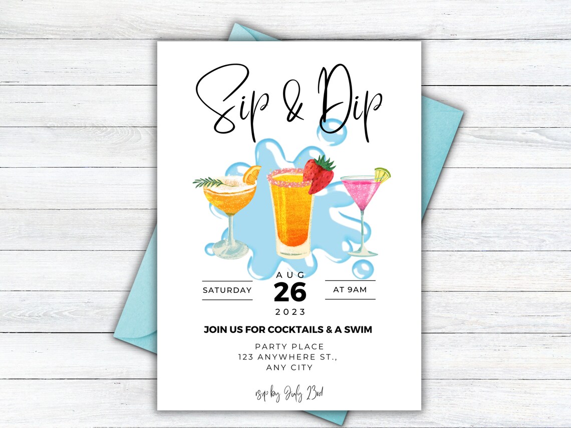 EDITABLE Sip and Dip Summer Invitation Digital Download- Simple Drinks and Swim Party Invite ...