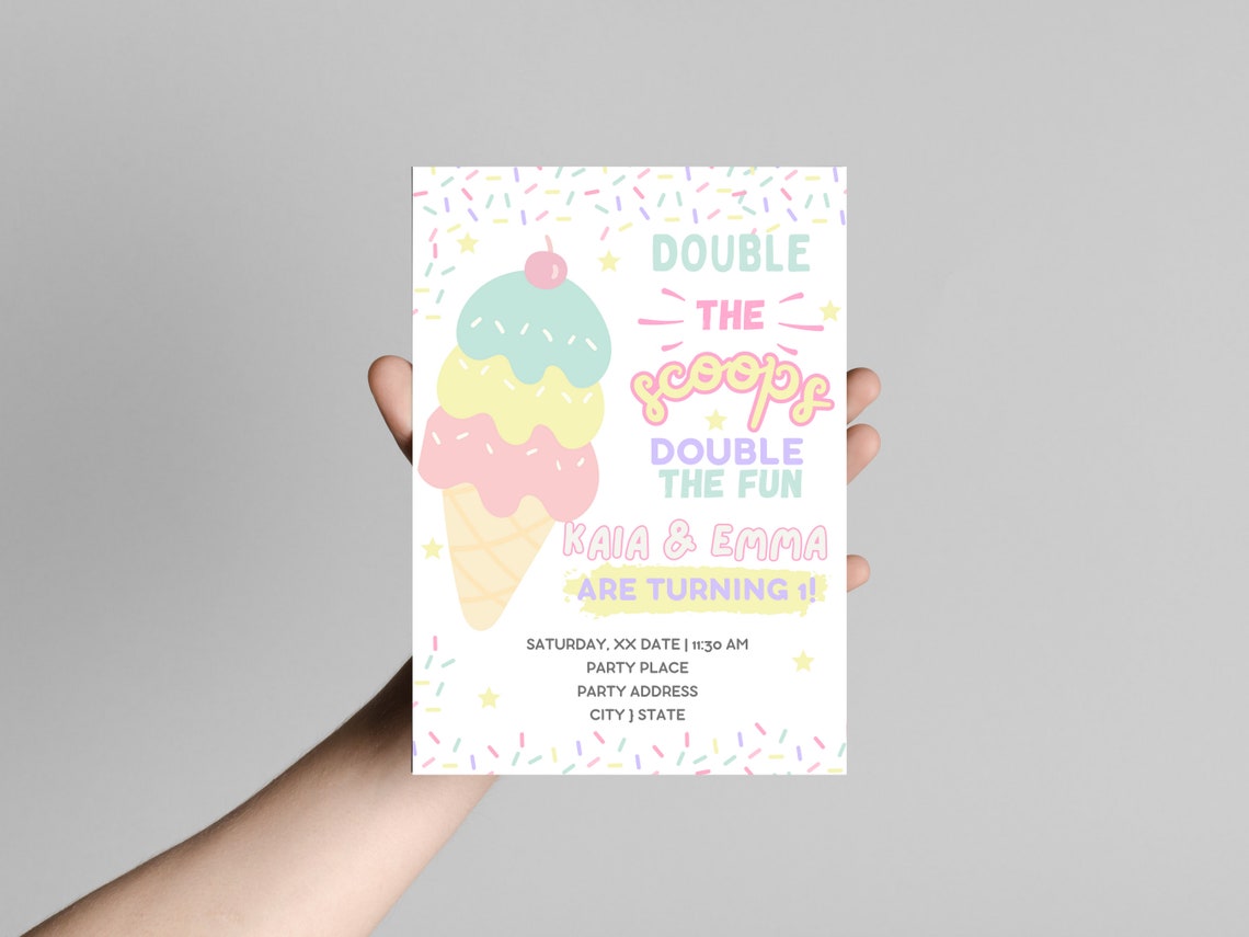 EDITABLE Double the Scoop Double the Fun Twins Birthday Invitation, 1st ...