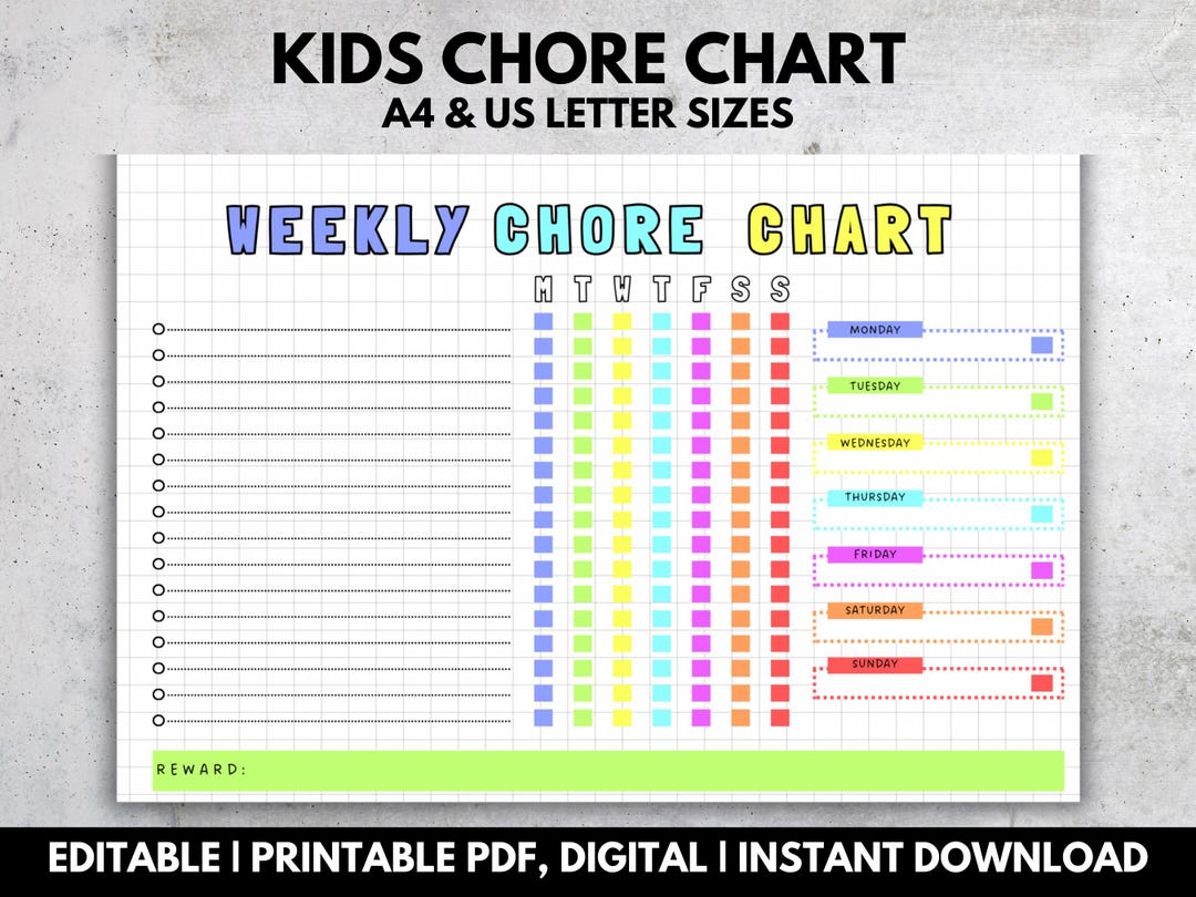 Buy Editable Chore Chart for Kids, Printable Kids Daily Weekly ...