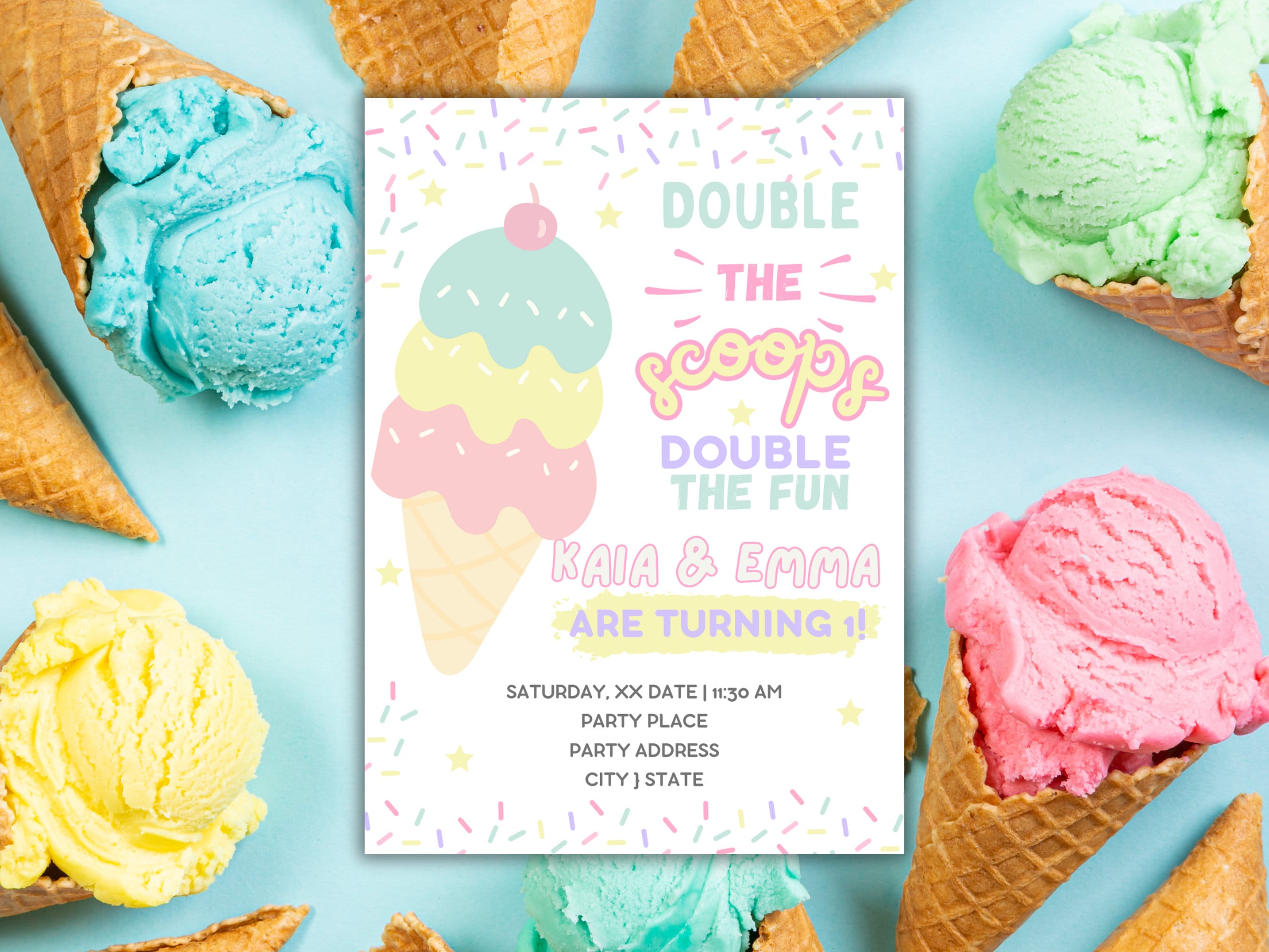 EDITABLE Double the Scoop Double the Fun Twins Birthday Invitation, 1st ...
