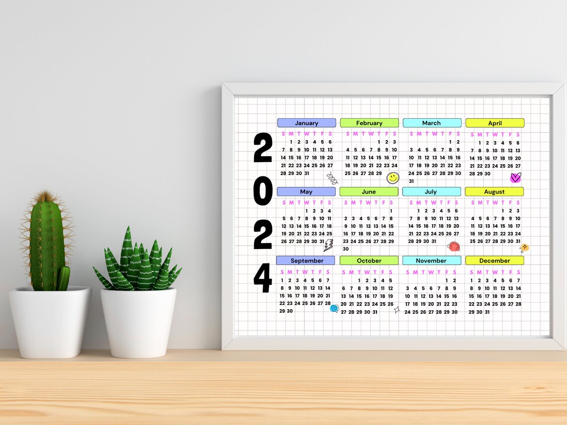 2024 Doodle Theme Year Calendar Printable * Year at a Glance* Digital ...