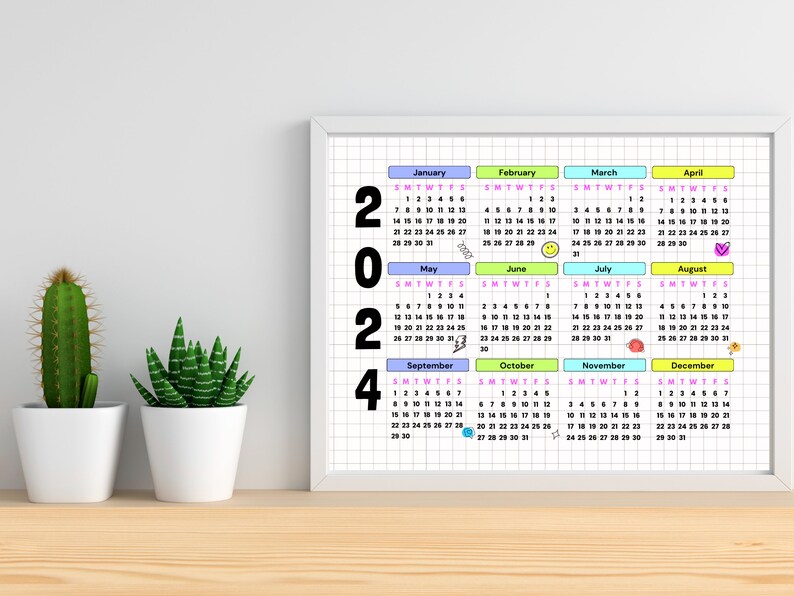 2024 Doodle Theme Year Calendar Printable * Year at a Glance* Digital ...