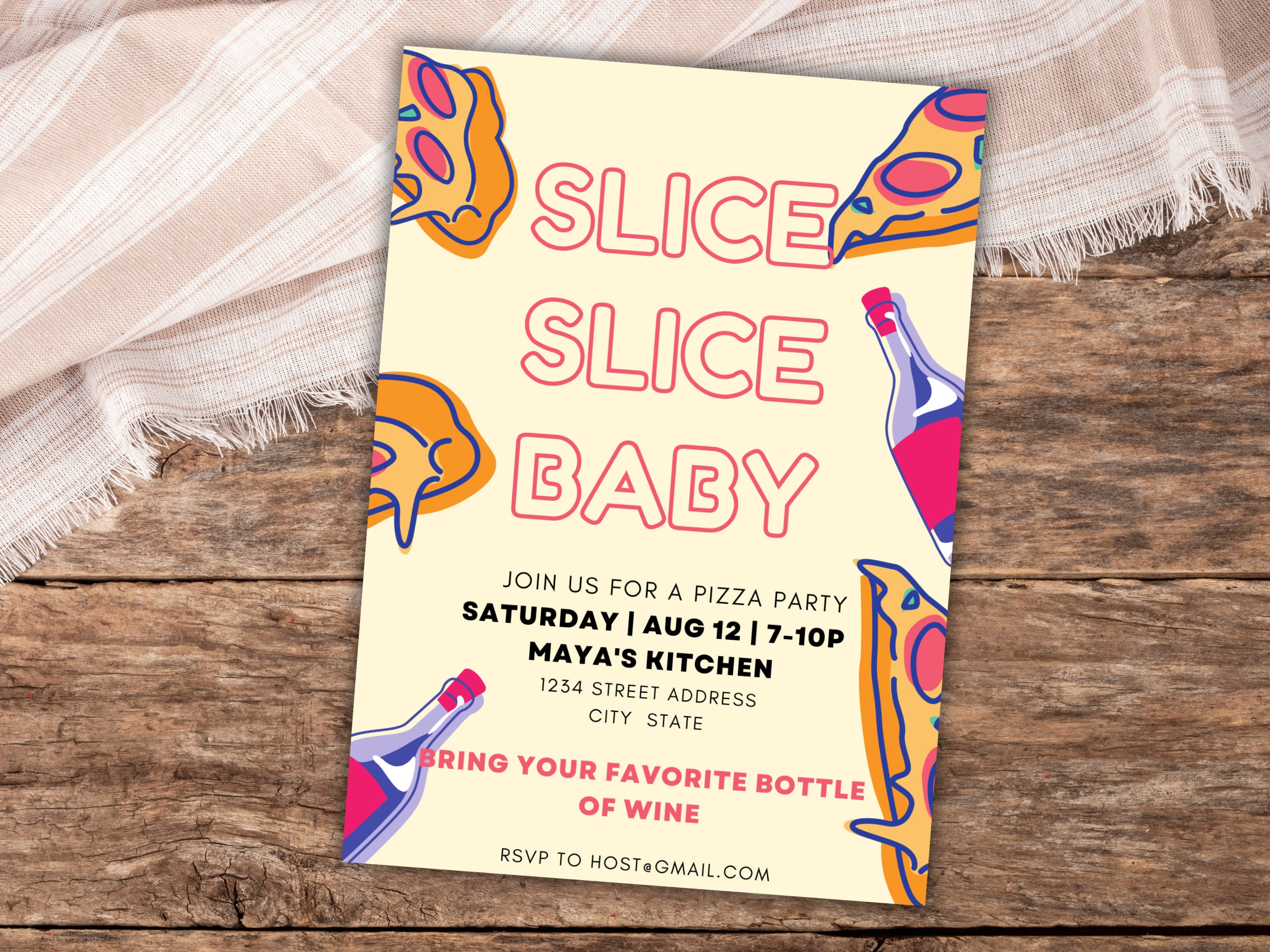 EDITABLE Pizza and Wine Party Invitation Digital Download- Slice Slice ...