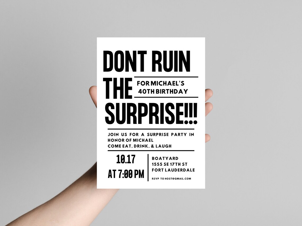 EDITABLE Surprise Party Invitation, Funny Don't Ruin the Surprise Party ...