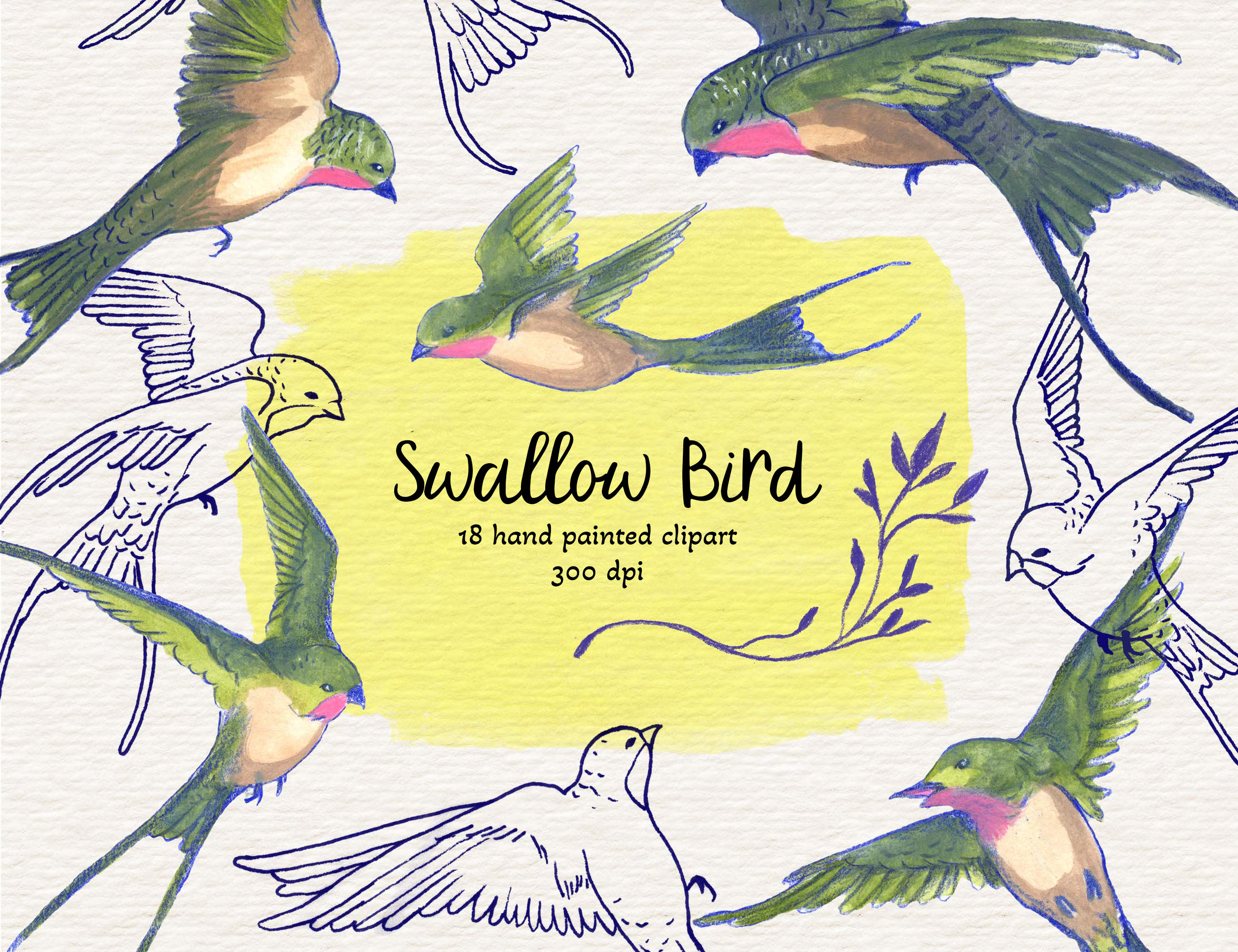 Hand Painted Swallow Bird Clipart, Flying Bird Illustration, Watercolor ...