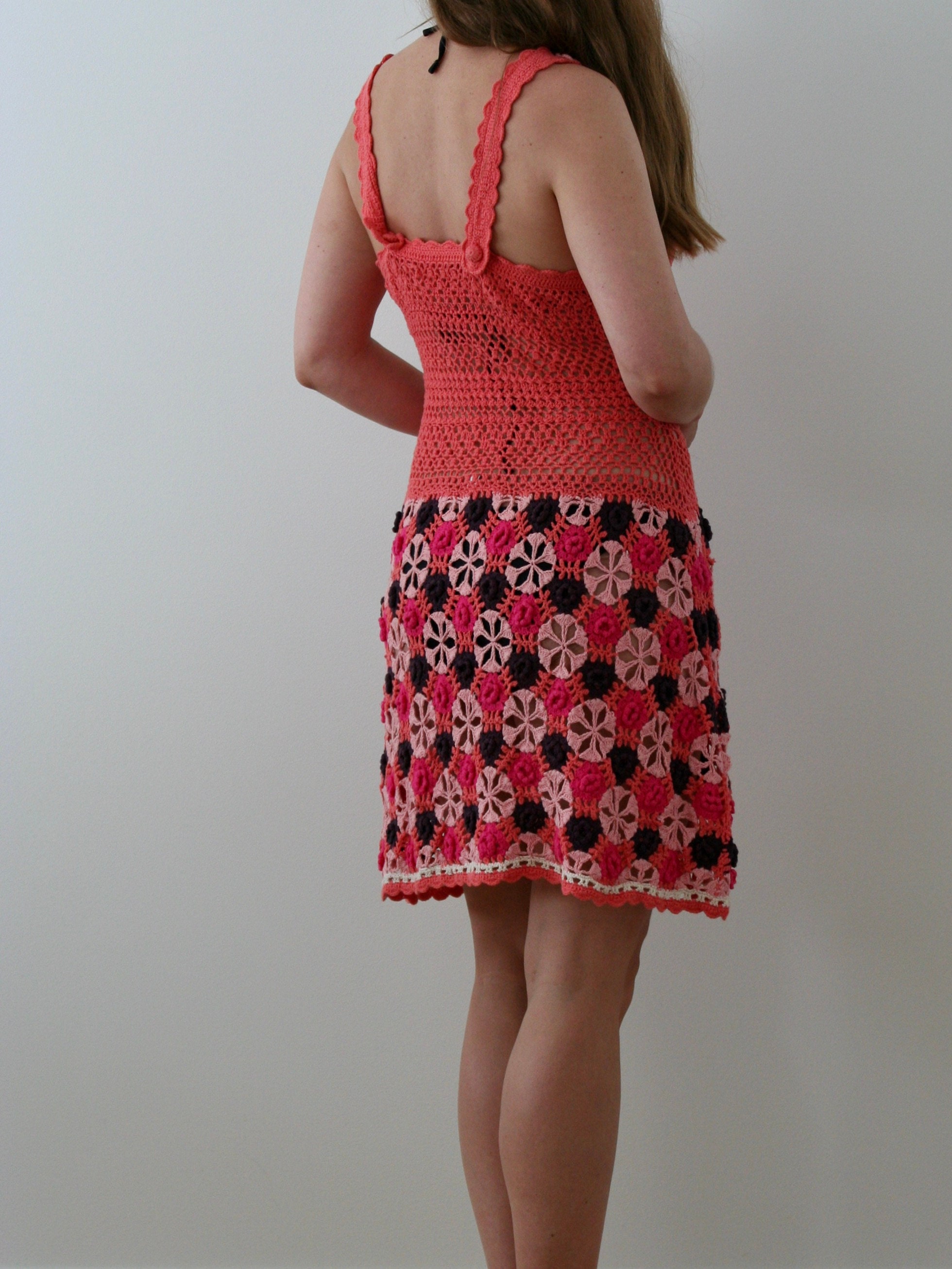 Vintage Crochet Sundress Coral Pink Knitted Dress Etsy