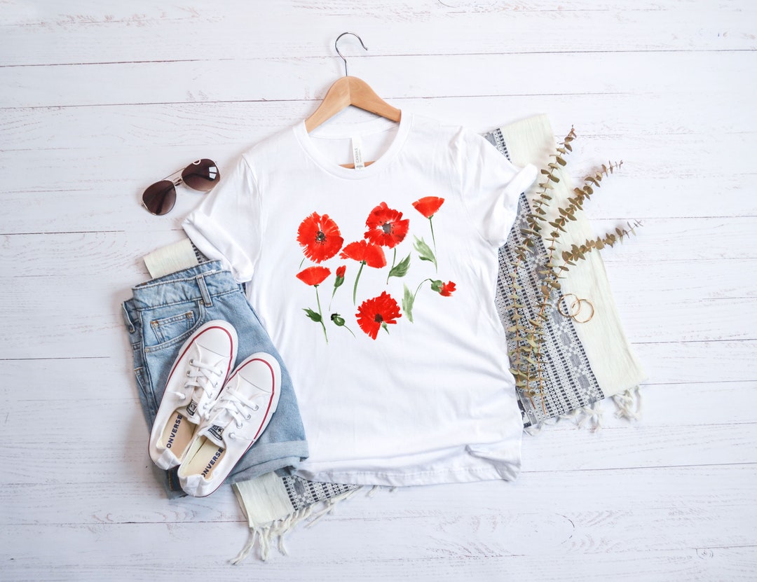 Vintage Watercolor Red Poppy Shirt ∙ Premium Botanical Short-sleeve ...