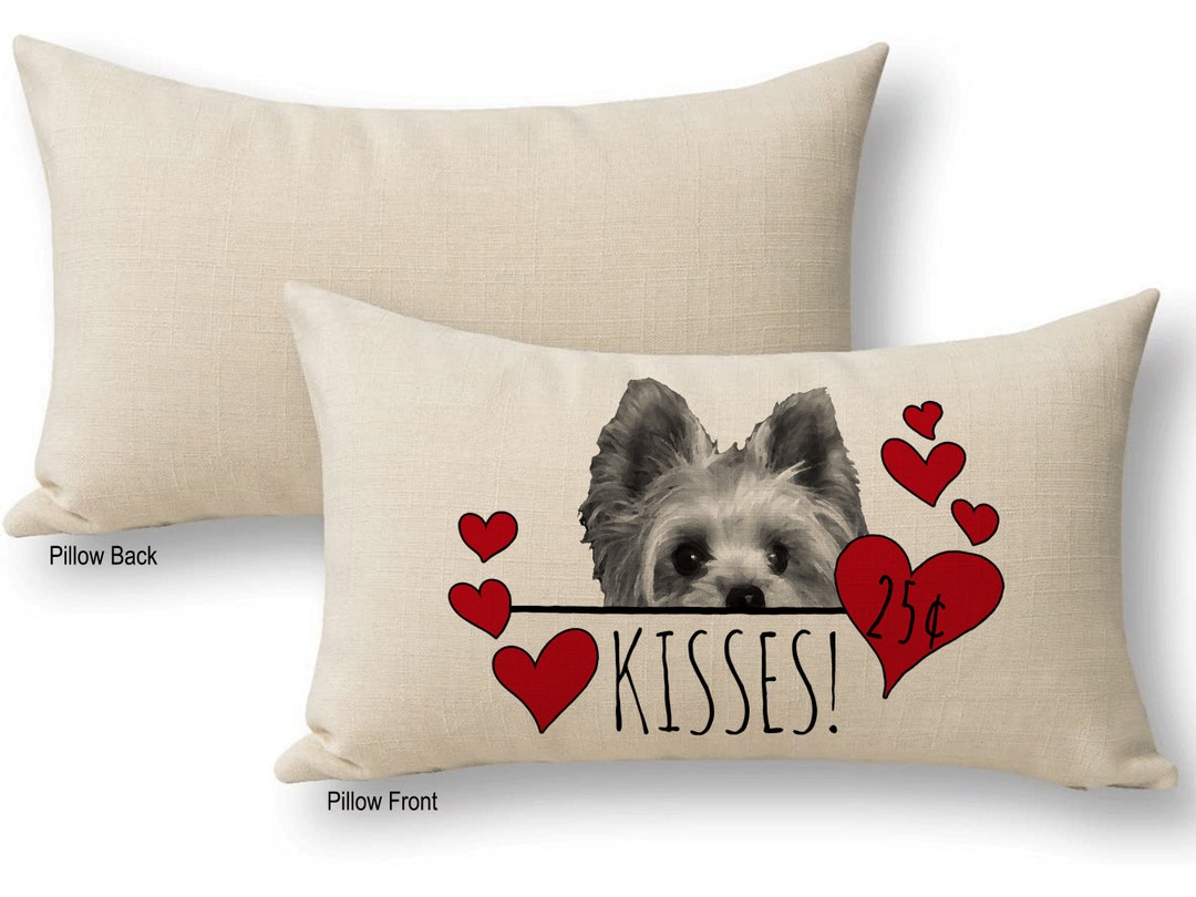 Yorkie Kisses Hearts 12x20 Faux Linen Pillow Cover, Euro Throw Pillow ...