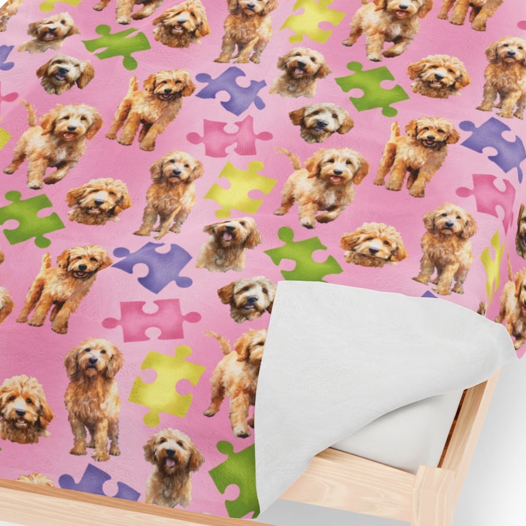 Golden Doodle Pink Autism Puzzle Piece Plush Velveteen Throw Blanket ...