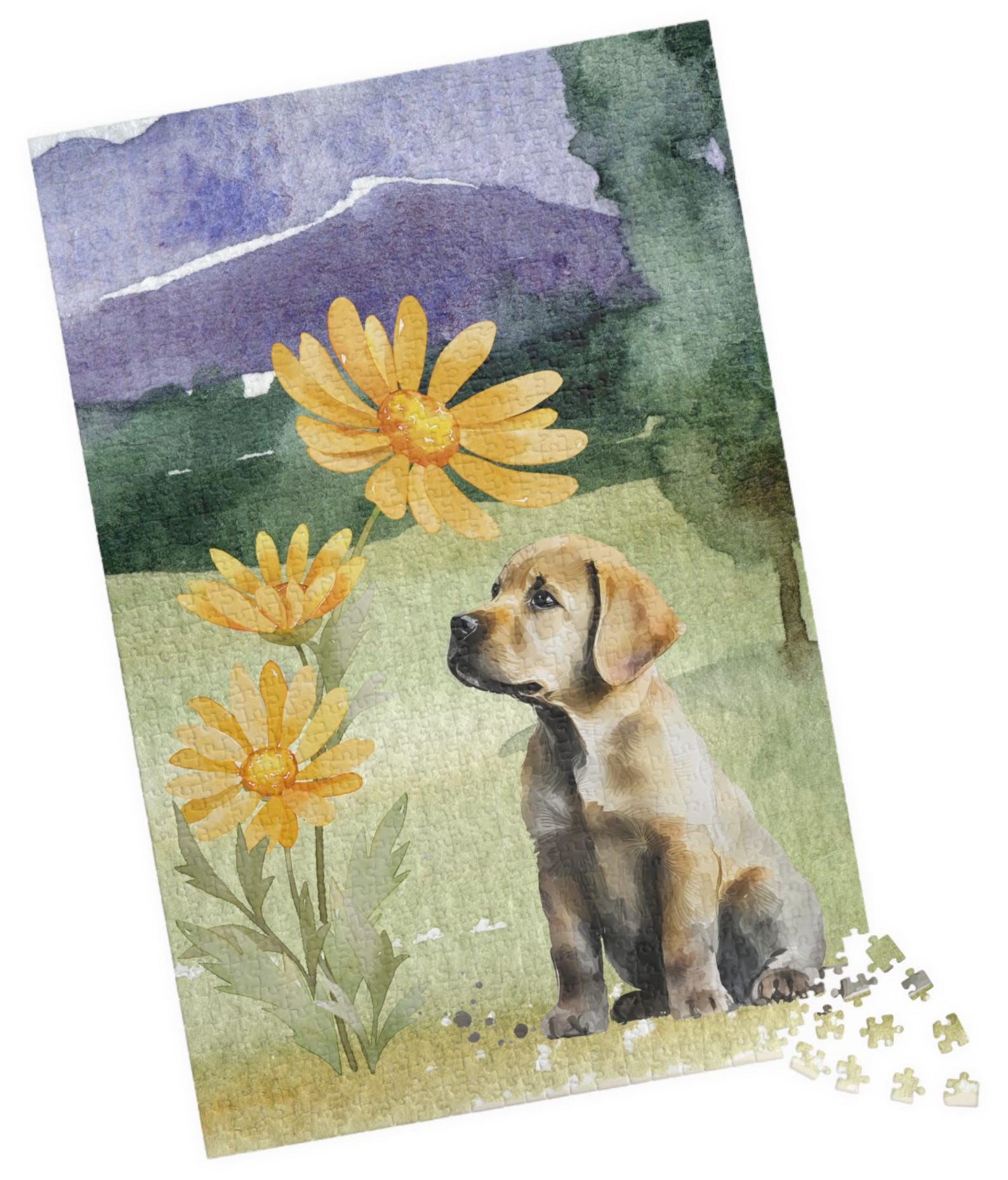 Yellow Lab Puppy and Daisy Flowers Puzzle, Adorable Watercolor Dog W ...