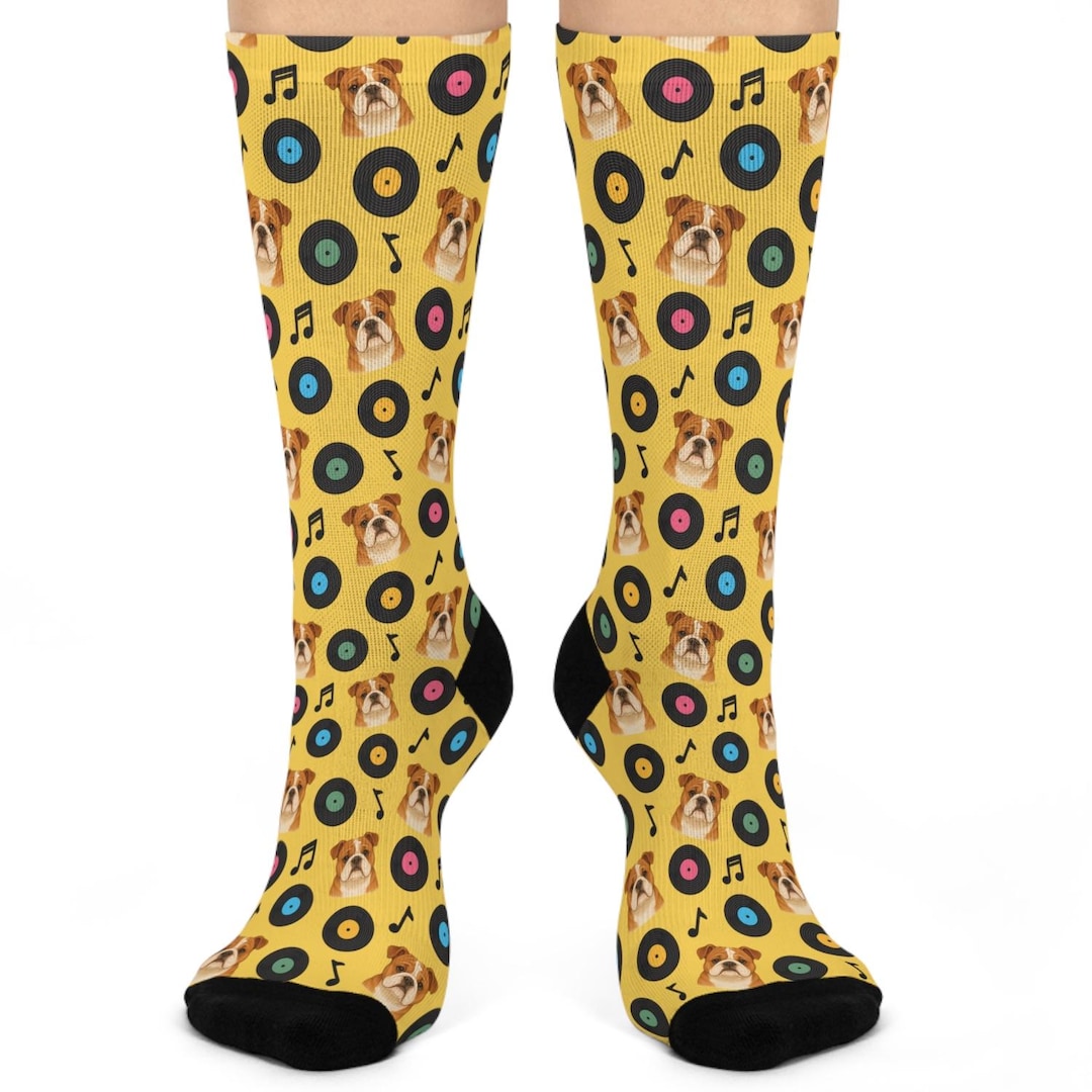 Retro Vinyl Record Custom Dog Socks, Pet Face Musical Notes Design ...