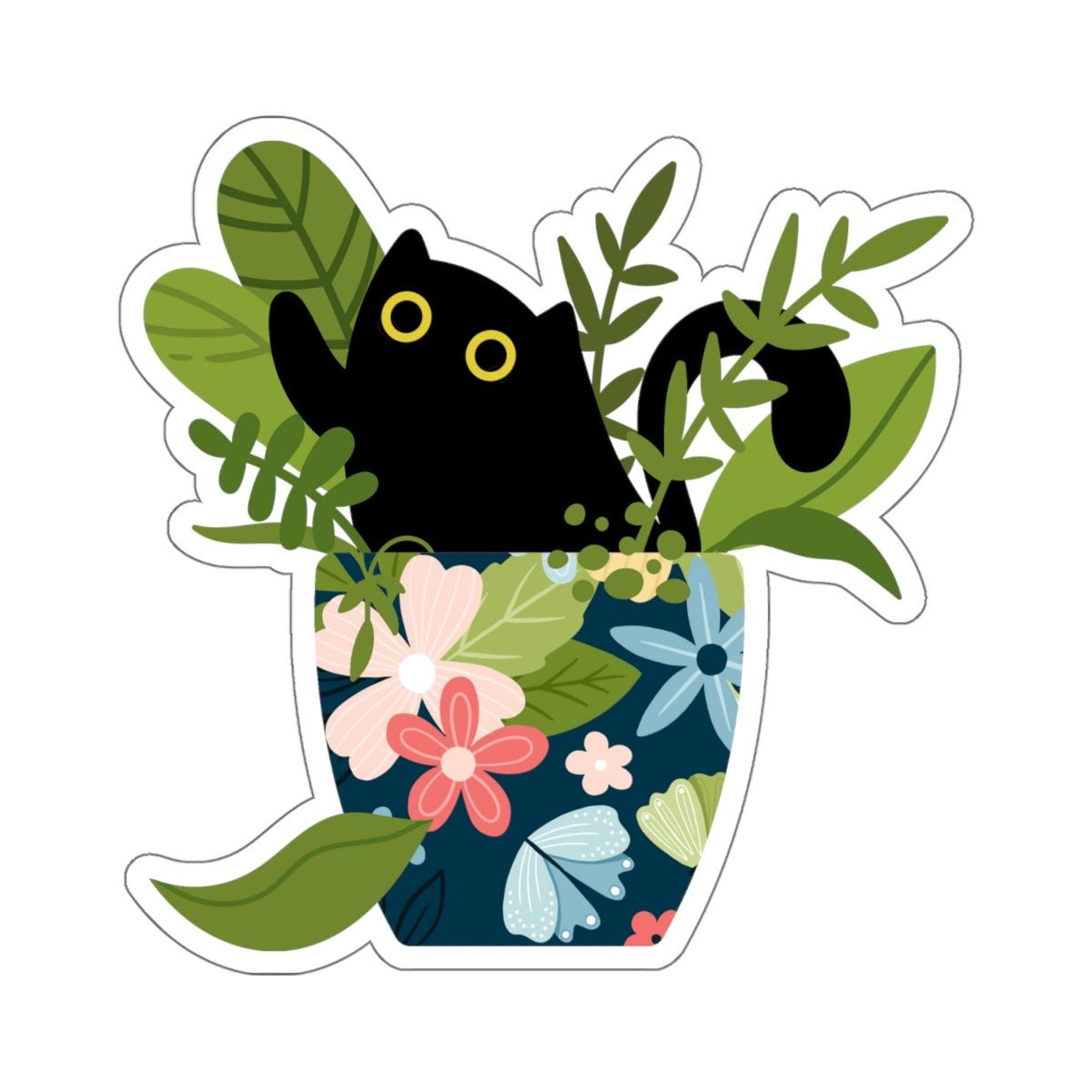 Black Cat in Floral Planter, House Plants, Black Cat Sticker, Indoor ...