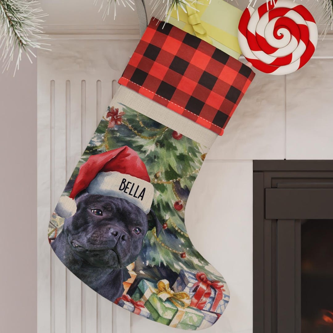 Personalized Black Bully Dog Christmas Stocking, Plaid Cuff, Custom Pet ...