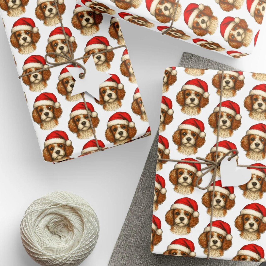 Cavalier Santa Christmas Gift Wrap, King Charles Spaniel Dog Wrapping ...